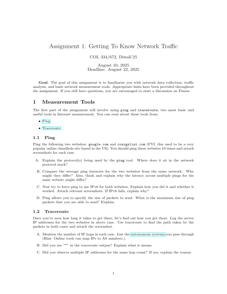 Network Traffic Analysis Assignment: Ping, Traceroute & Wireshark