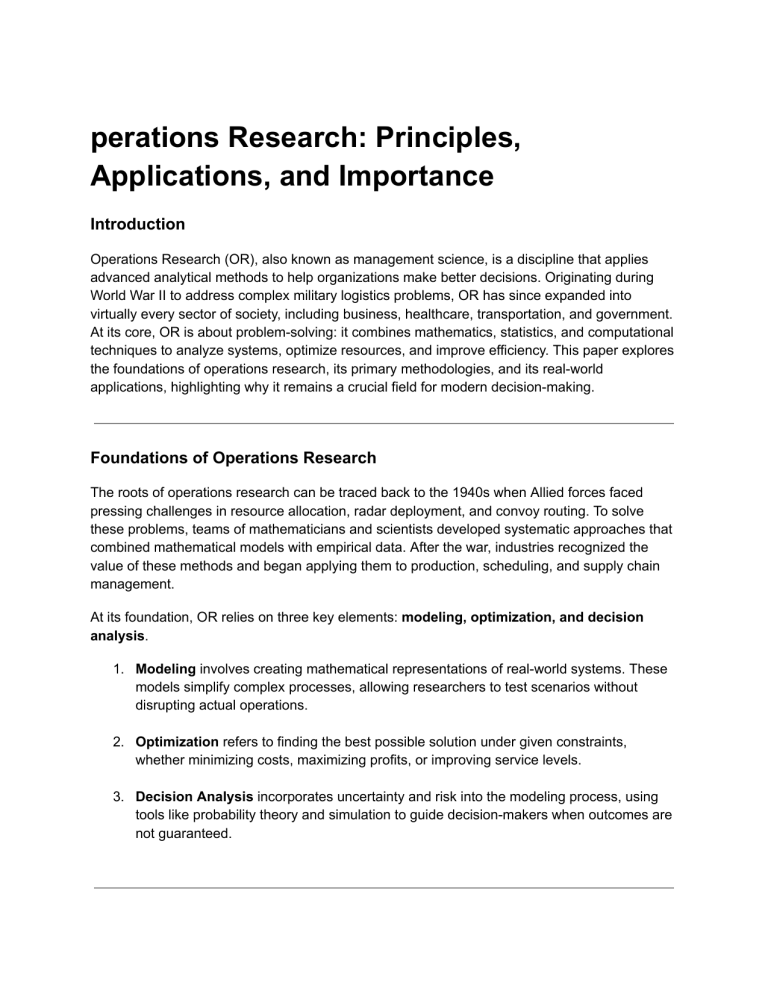 Operations Research: Principles, Applications, and Importance Overview