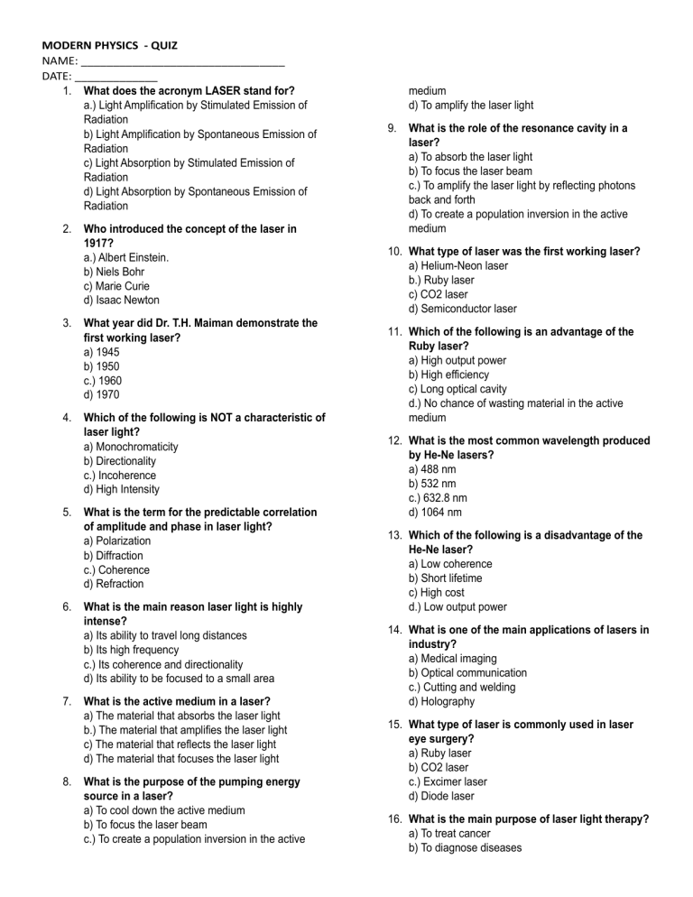 Modern Physics Quiz: Lasers & Quantum Mechanics Assessment