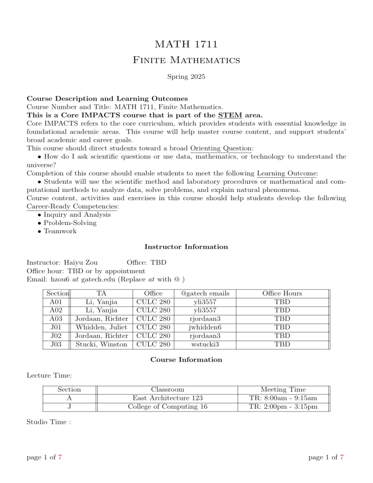 MATH 1711 Finite Mathematics Course Description - Georgia Tech