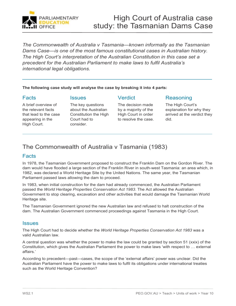 Tasmanian Dams Case Study: Australian Constitutional Law Precedent