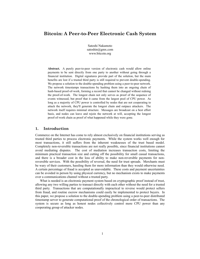Bitcoin: A Peer-to-Peer Electronic Cash System by Satoshi Nakamoto