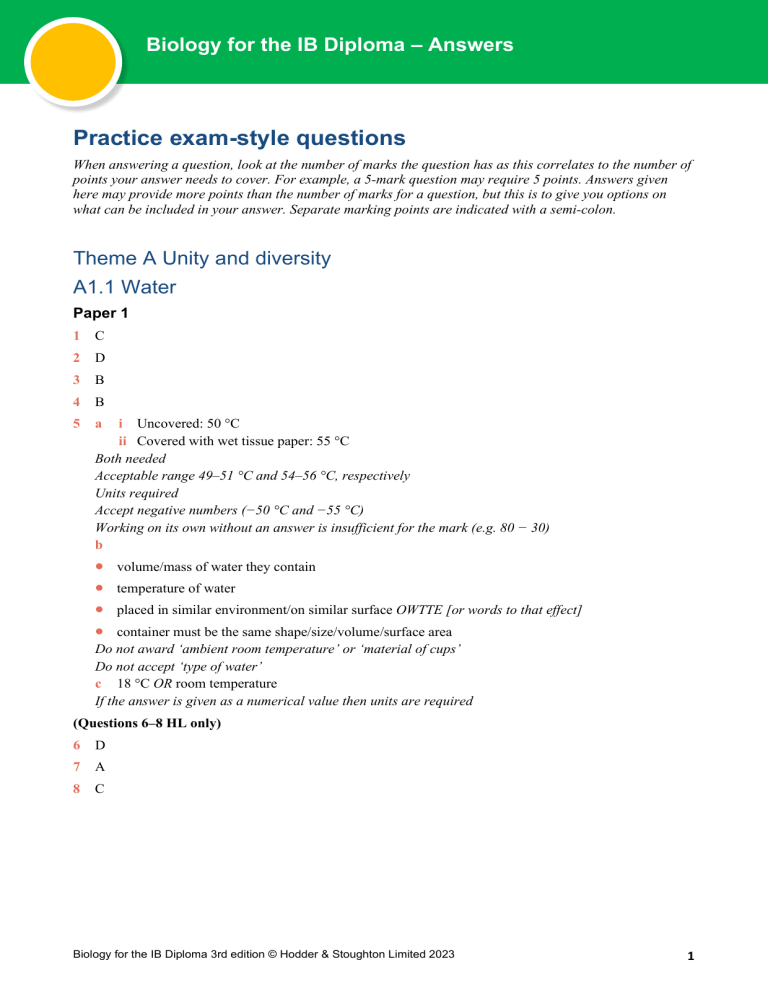 Biology IB Diploma Answers: Water & Nucleic Acids Exam Questions