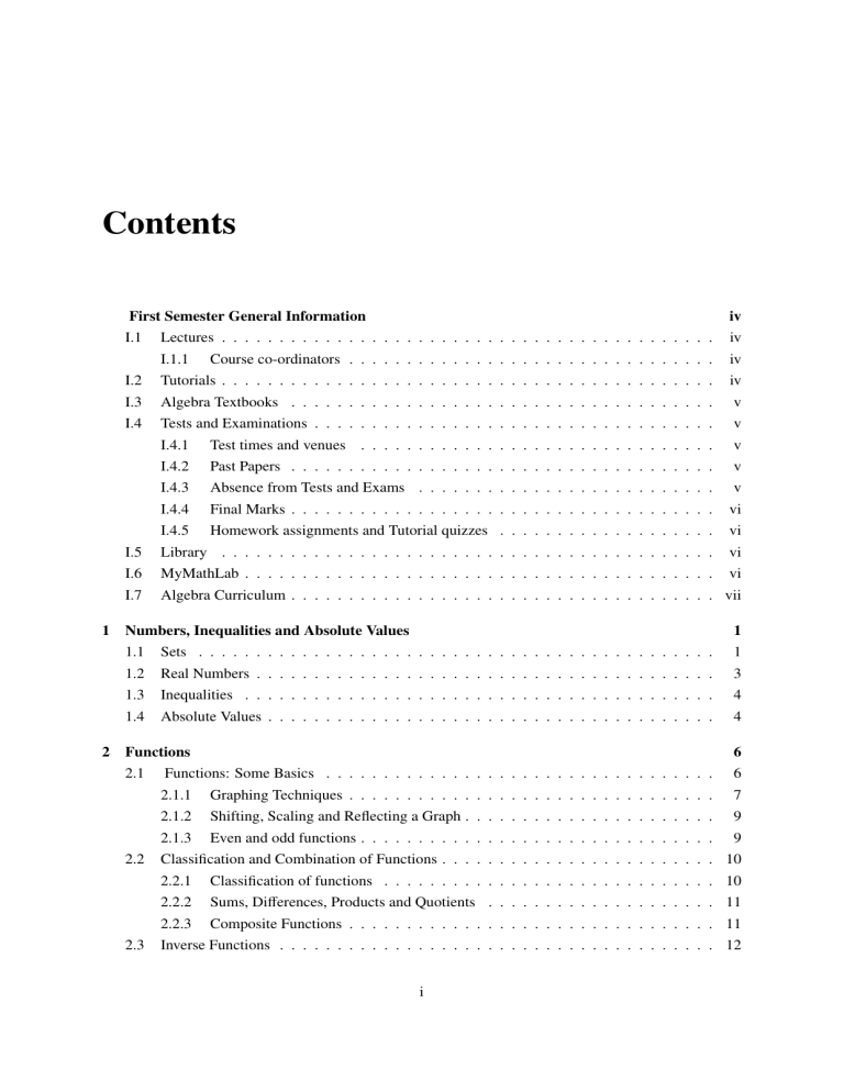 MATH1034A 1st Semester Algebra Study Guide - University Course