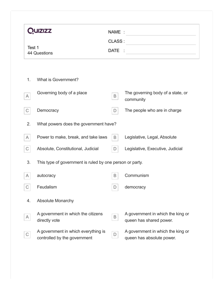 Government & Political Systems Test: Types, Powers, Philosophers