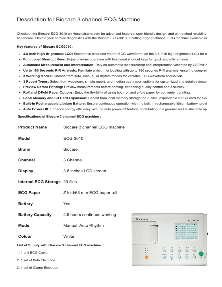 Biocare ECG3010 3 Channel ECG Machine