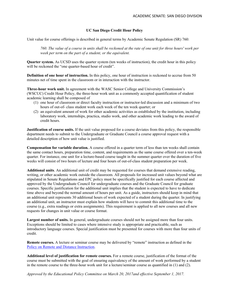 UC San Diego Credit Hour Policy: Academic Senate Guidelines