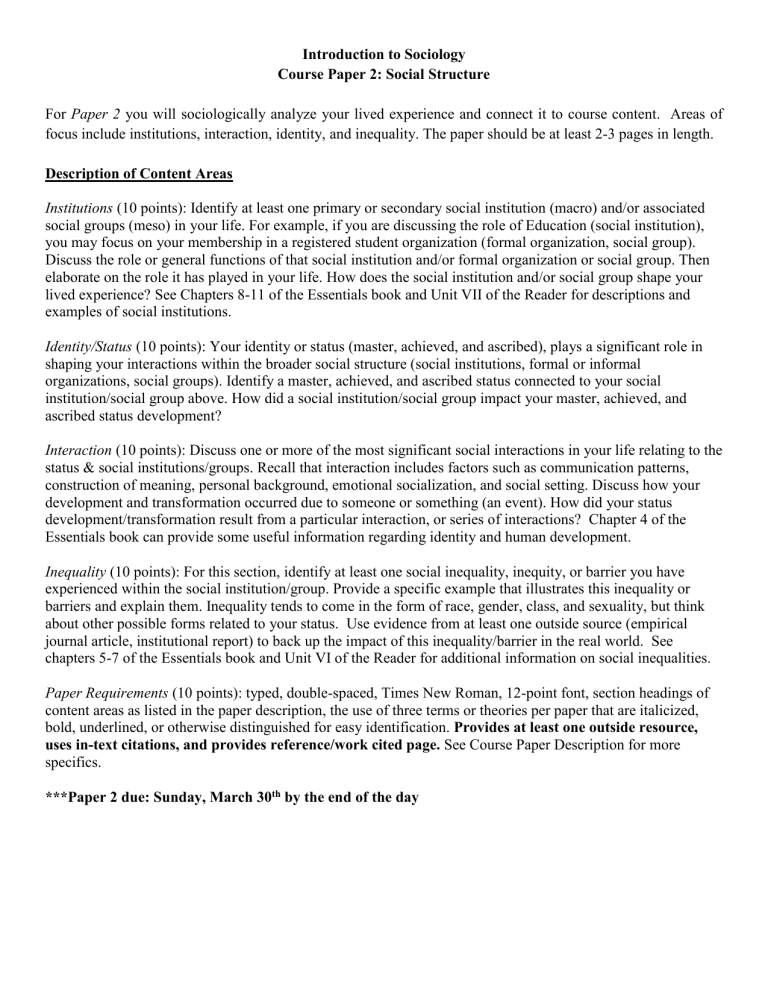 Sociology Course Paper 2: Social Structure Assignment & Rubric