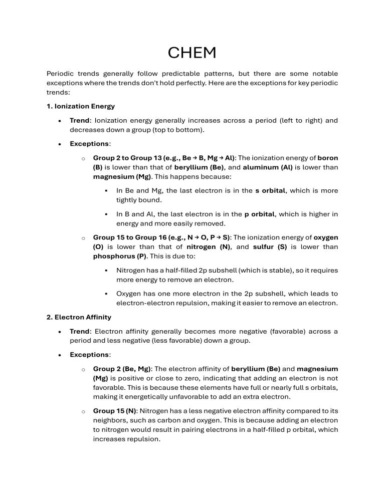 Chemistry: Exceptions to Periodic Trends Explained