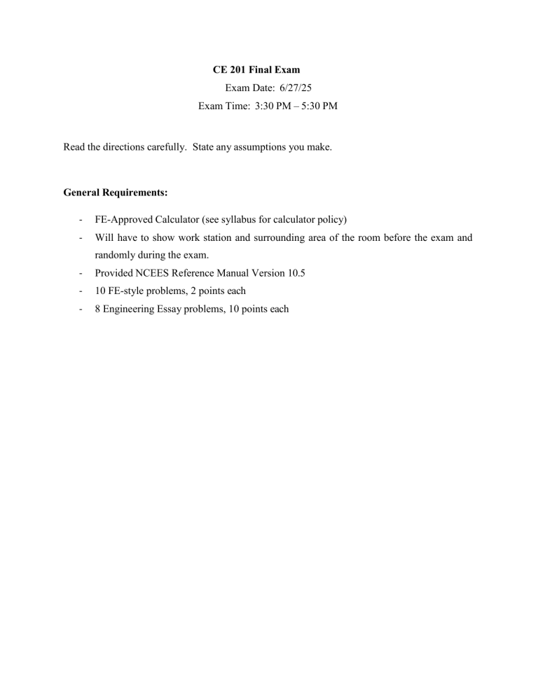 CE 201 Final Exam: Engineering Statics & Mechanics Problems