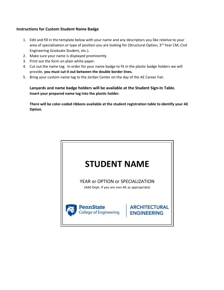 PennState AE Career Fair: Student Name Badge Instructions & Template