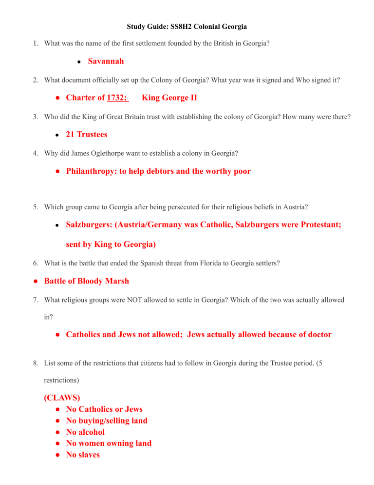 Colonial Georgia Study Guide: SS8H2 History Review & Key Facts