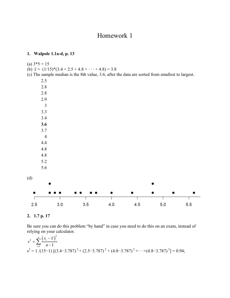 Statistics Homework 1 Solutions: Mean, Median, Variance & Probability