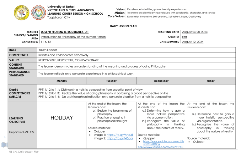 Daily Lesson Plan: Introduction to Philosophy (Grades 11-12)