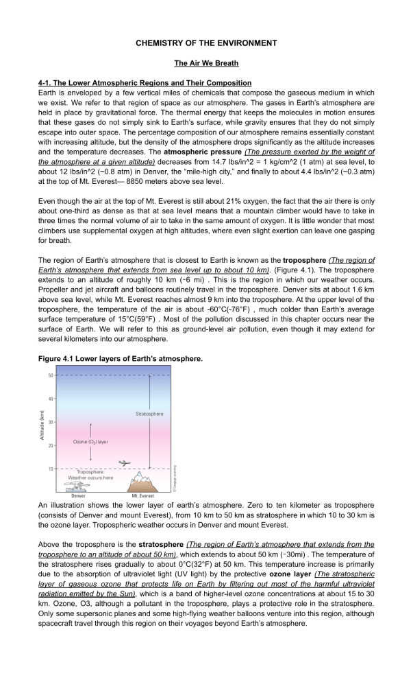 Chemistry of the Environment: Atmospheric Regions & Air Pollution
