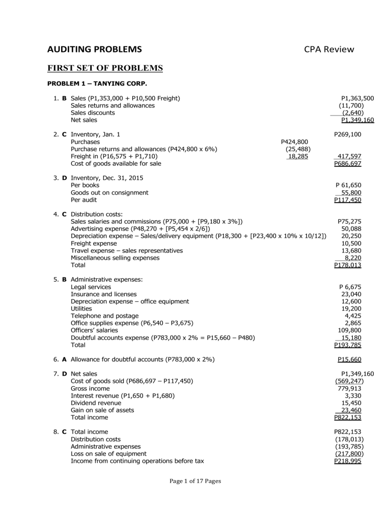 Auditing Problems CPA Review - First Set with Detailed Solutions