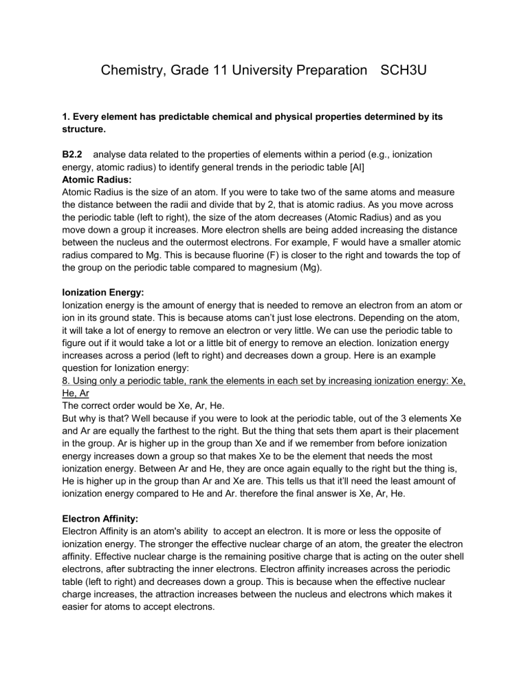 Grade 11 Chemistry Study Notes
