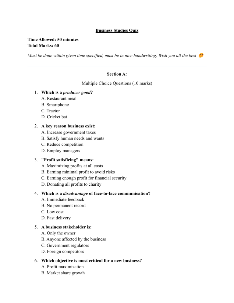 Business Studies Quiz: Multiple Choice, Short Answer & Case Study Questions