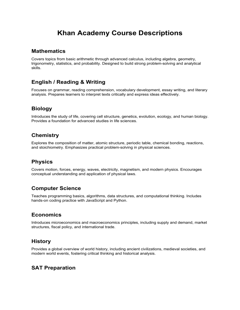 Khan Academy Course Descriptions: Math, English, Science, History, SAT