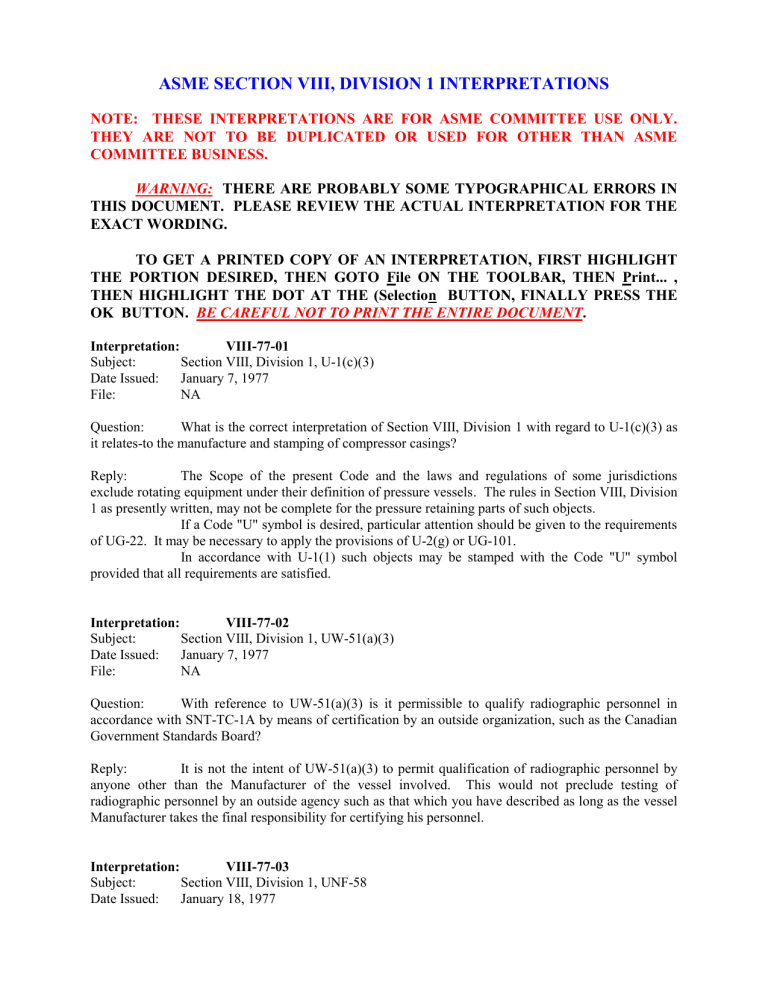 ASME Section VIII Div 1 Interpretations: Pressure Vessel Code Q&A