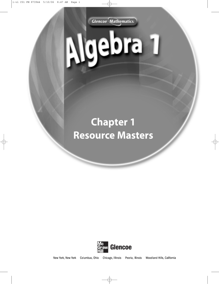 Glencoe Algebra 1 Chapter 1 Resource Masters: Study Guides & Practice