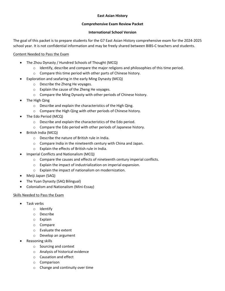 East Asian History Exam Review Packet - G7 Comprehensive Study Guide