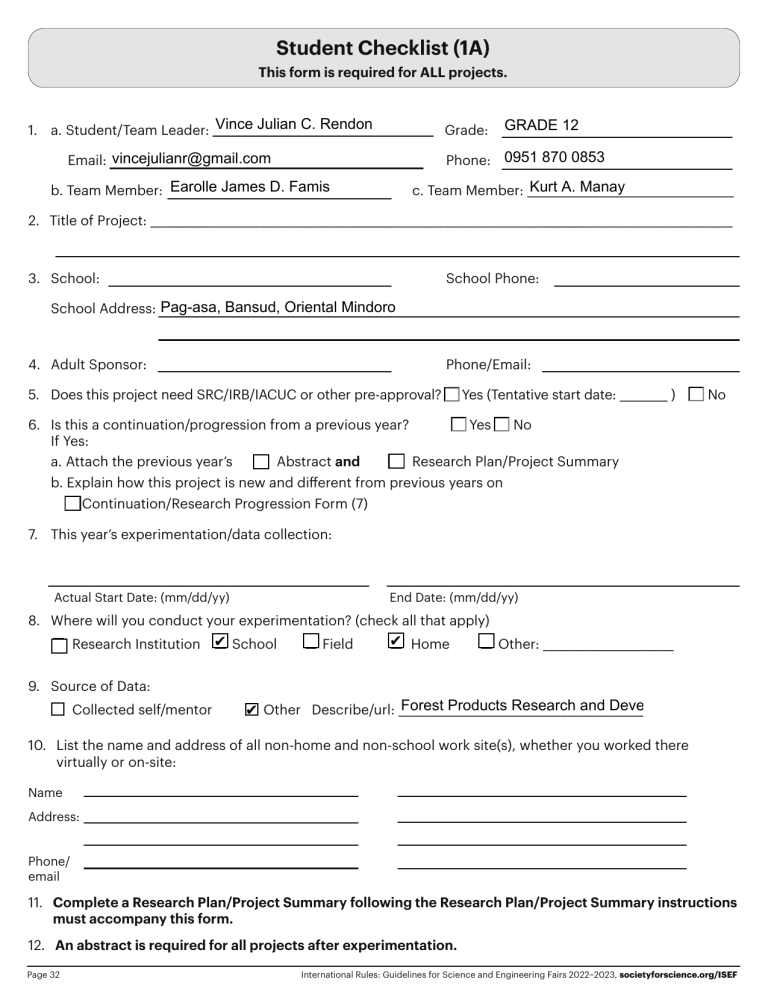 Student Checklist 1A: Science Fair Research Plan Guidelines