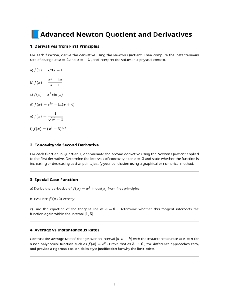 Advanced Calculus Problems: Newton Quotient, Derivatives & Limits