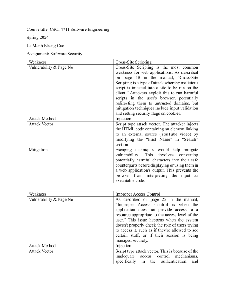Software Security Assignment Vulnerabilities Attacks And Mitigation