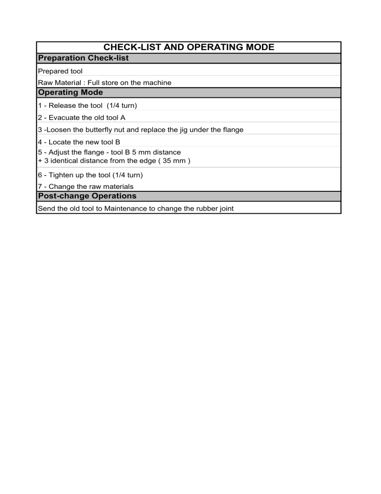 Tool Change Operating Mode Checklist & Procedure Guide