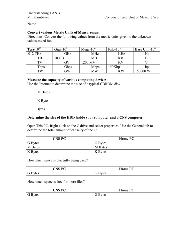 Computer Hardware & Metric Unit Conversion Worksheet | PC Specs