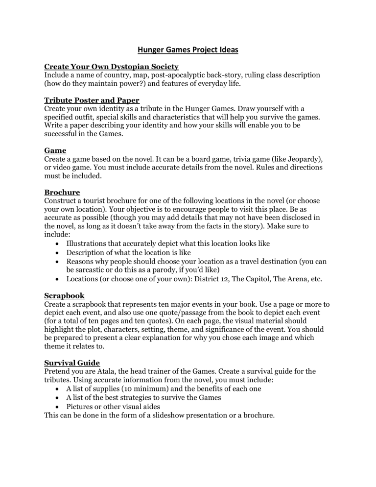 Hunger Games Project Ideas: Dystopian Society, Tribute, Games