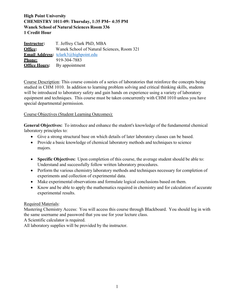 High Point University Chemistry 1011 Lab Syllabus - Dr. Clark