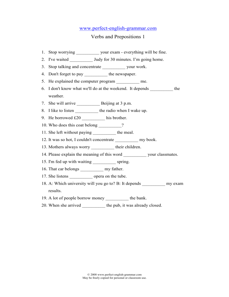 English Verbs and Prepositions Exercise - Grammar Practice