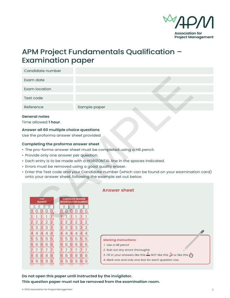 APM Project Fundamentals Qualification Exam Sample Paper 2022
