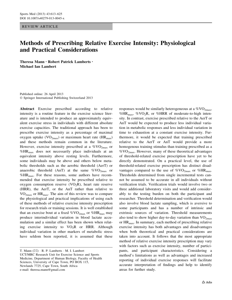 Exercise Intensity Prescription: Physiological & Practical Considerations