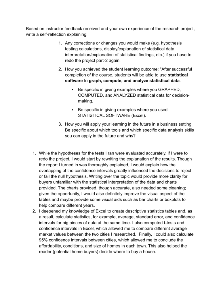 Statistical Data Analysis Self-Reflection: Research Project & Excel Skills