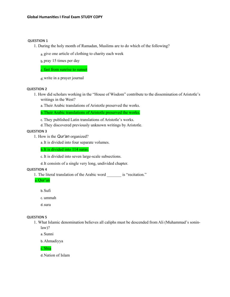 Global Humanities I Final Exam Study Guide - Islam & Medieval Europe