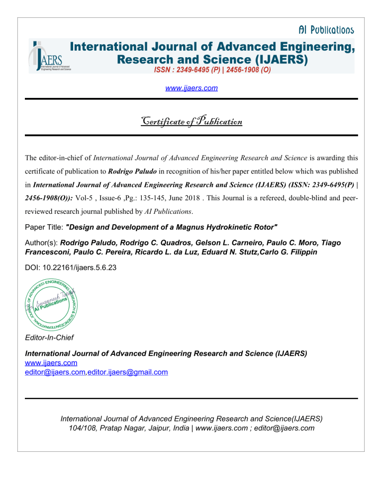 Certificate of Publication: Magnus Hydrokinetic Rotor Design (IJAERS)
