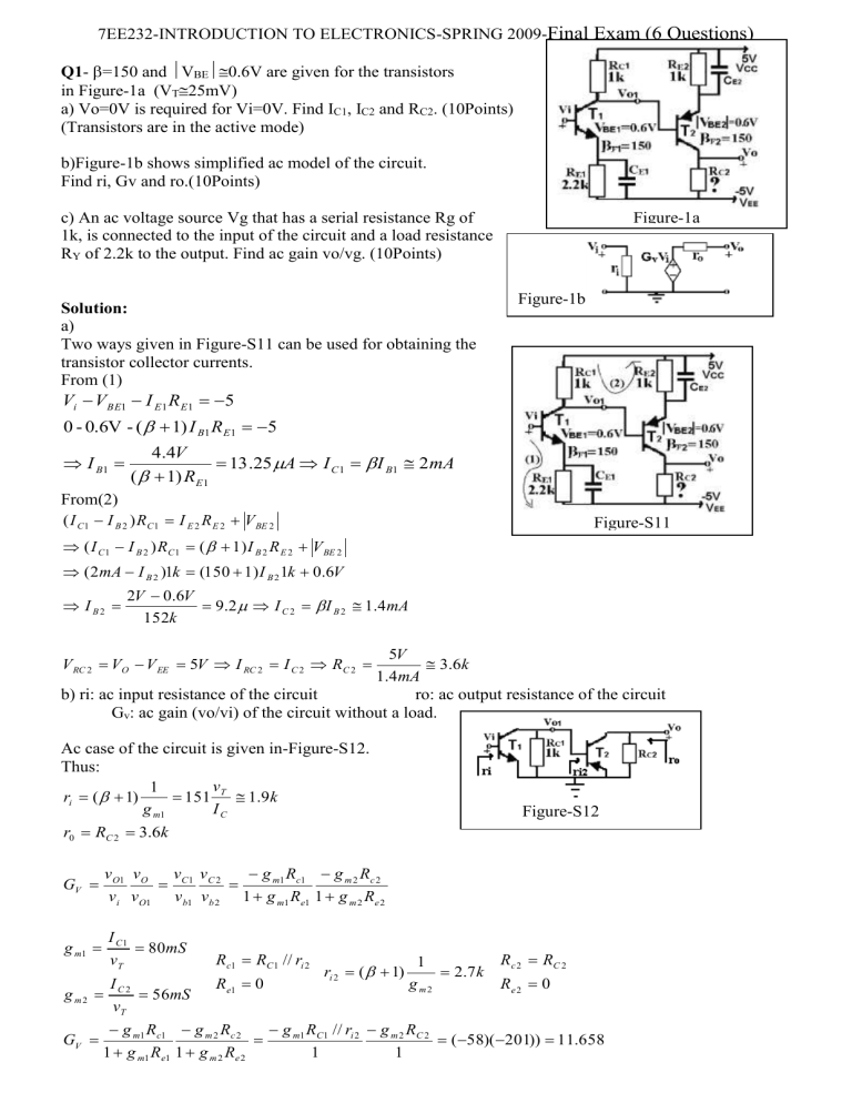 Electronics Final Exam: BJT, MOSFET, Diode Circuits & Solutions
