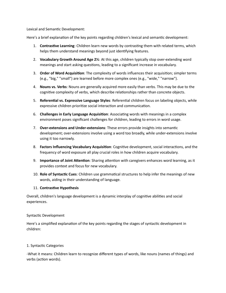 Language Development: Lexical, Semantic, Syntactic, Recognition, Production