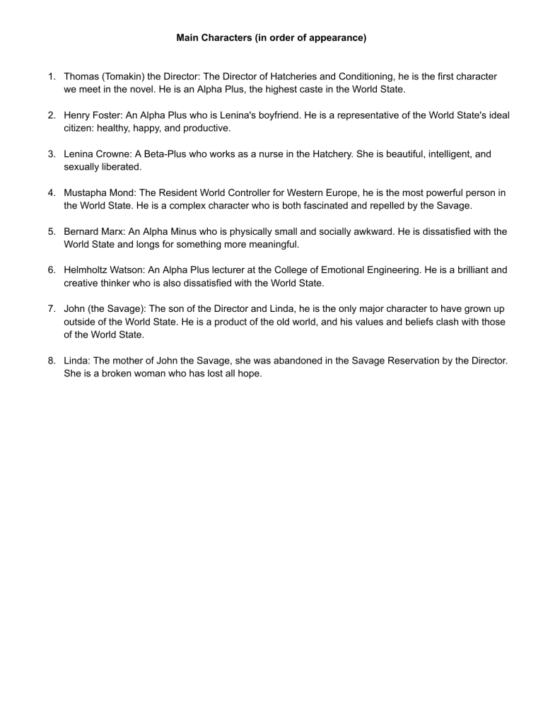 Brave New World Main Characters: Study Guide & Analysis