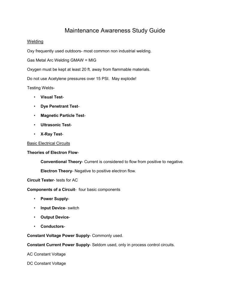 Maintenance Awareness Study Guide: Welding, Electrical, Fluid Power