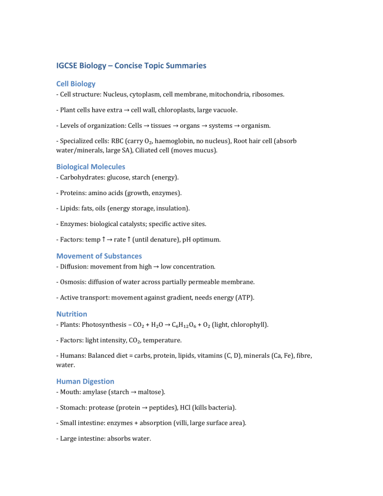 IGCSE Biology Concise Topic Summaries | Study Guide & Revision Notes