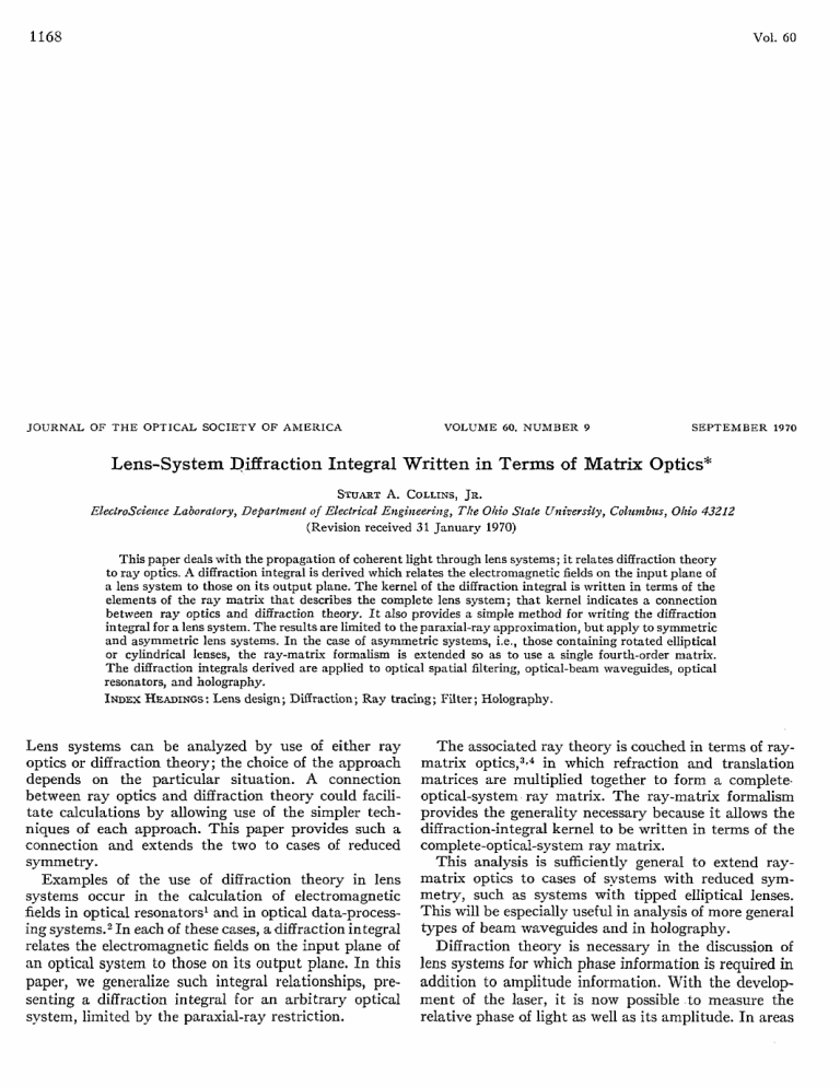 Lens-System Diffraction Integral: Matrix Optics Approach