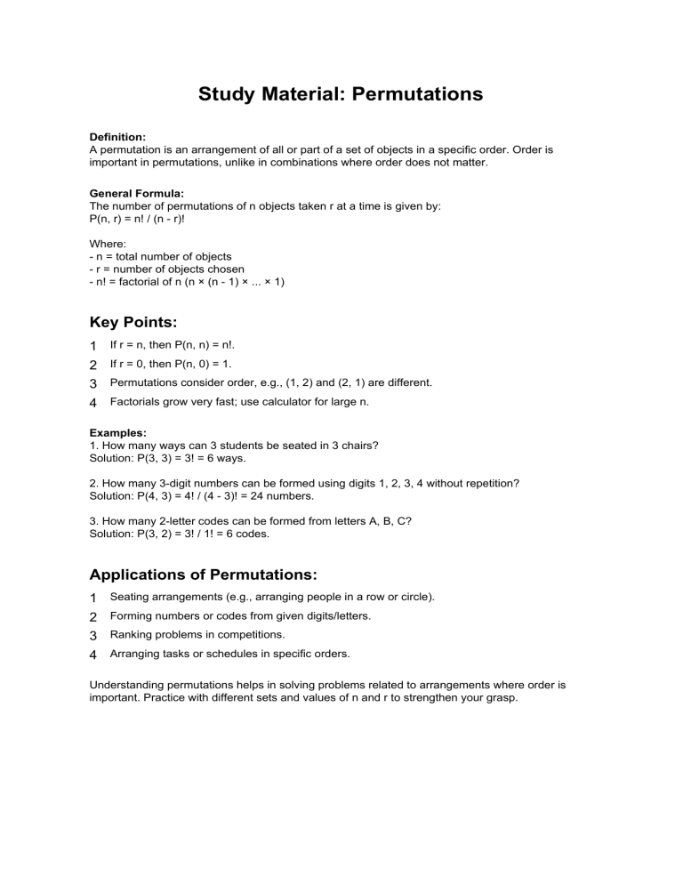 Permutations Study Guide: Definition, Formula, Examples & Applications