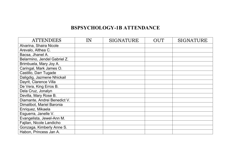 BS Psychology 1B Attendance Sheet - Student Roll Call Record