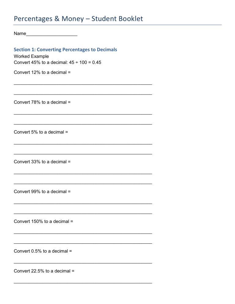 Percentages & Money Student Booklet: Decimals, Discounts, Calculations