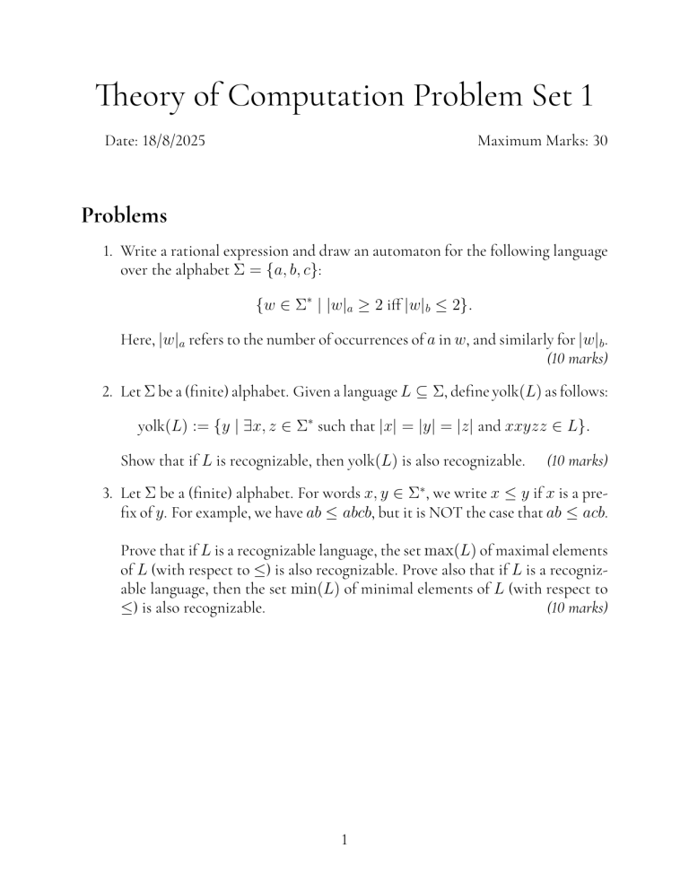 Theory of Computation Problem Set 1: Formal Languages & Automata