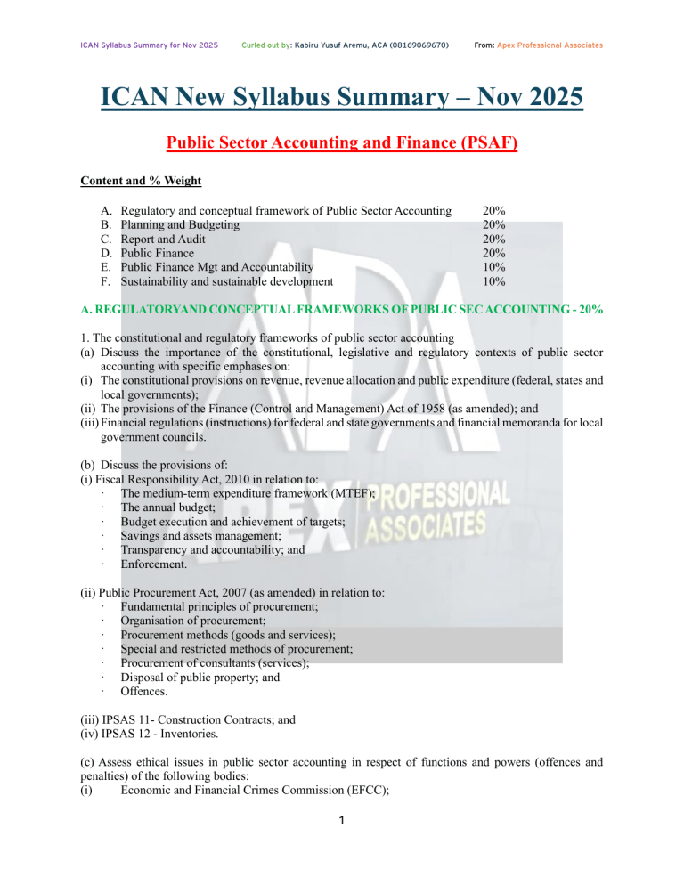 ICAN Public Sector Accounting & Finance Syllabus Summary Nov 2025